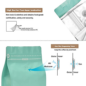 50 Pieces 0.75 LB Blue Green Coffee Bags with Aluminum Foil Liner Pack of 50, High Barrier Coffee Pouches with Degassing Valve, Ziplock Food Storage Bags with Pull Tape, 12oz/0.75lb/340gram