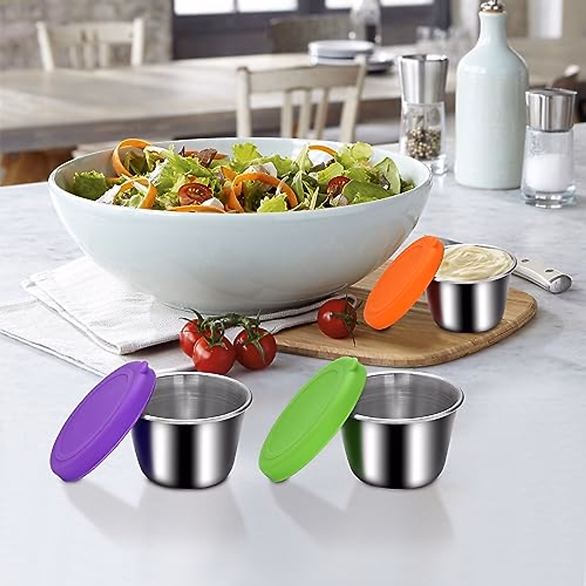 Soleebee 3 Pack Salad Dressing Containers to Go, 2.4oz Small Travel Condiment Containers, Reusable Stainless Steel Dipping Sauce Cups with Leakproof Silicone Lids for Bento Box (Purple/Green/Orange)