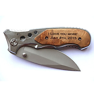Anniversary Gift For Men Custom Engraved I Love You More Wood Handle Folding Pocket Knife (Stainless Steel)
