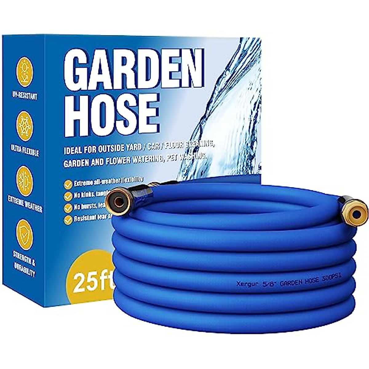 Flexible Garden Hose Water Pipe, 25FT Water Hose with Solid Brass Fittings, Durable No Kink Outdoor Hose Swivel Grip Heavy Duty Hose Pipe for Gardening Lawn Car Pet Washing, Blue