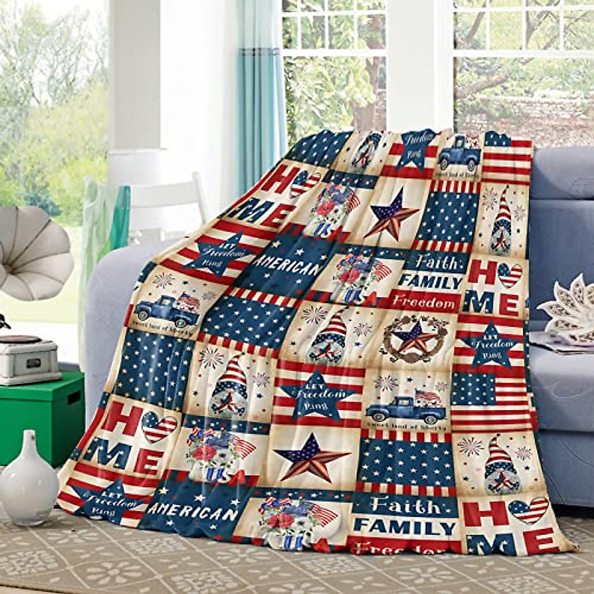 Patriotic Gnome Blanket USA Flag Throw Blankets Retro Plaid Soft Flannel Fleece Comfort Blanket, Check American Theme 4th of July Cozy Warm Bed Cover for Sofa Couch Chair 40x50In