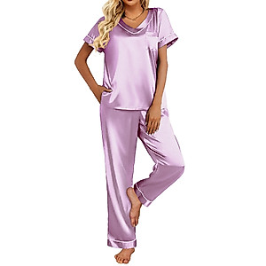 Ekouaer Silky Pajamas for Women Silk Pajamas for Women Classic Satin Sleep Sets Short Sleeve Pjs Set Loungewear Lavender L