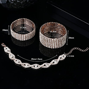 FIBO STEEL 3 PCS Rhinestone Stretch Bracelets for Women Bridal Sparkly Wedding Strand Tennis Bracelet Set Rose Gold-Tone