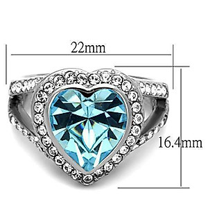 Women's Stainless Steel Baby Blue Aqua Aquamarine Topaz cz Halo Heart Bold Ring 7