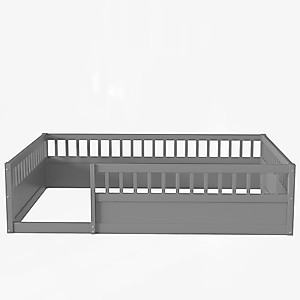 Floor Bed for Kids, Full Size Montessori Bed with High Fence Railings, Wood Playhouse Bed with Rails for Baby Boys Girls Teens, No Slats Included, Gray