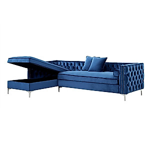 Inspired Home Navy Chaise Sectional Sofa - Design: Giovanni | 115" Left Facing | Velvet | Storage | Metal Legs | Tufted Design
