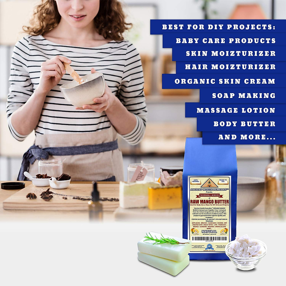 Ancient Health Remedies Organic Unrefined Raw MANGO BUTTER 1 LB (16 oz) BLOCK Bulk, Light Mango Aroma, Non-Greasy Base for Beauty, Skin Moisturizing, DIY Base for Body Butters & Hand Cream (INDIA)