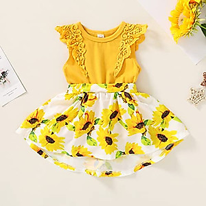 Newborn Infant Baby Girls Floral Dress Flutter Lace Sleeve Skirts Ruffle Dresses Fall Outfits (Yellow # Sunflower B, 3-6 Months)