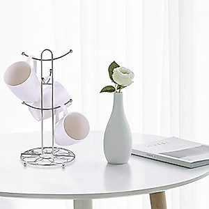 Buruis Mug Rack Tree, Decorative Flower Pattern Base Metal Mug Holder, Kitchen Coffee Mug Tree Countertop Tea Cups Holder Stand, Coffee Cup Dryer with 6 Hooks (Silver)