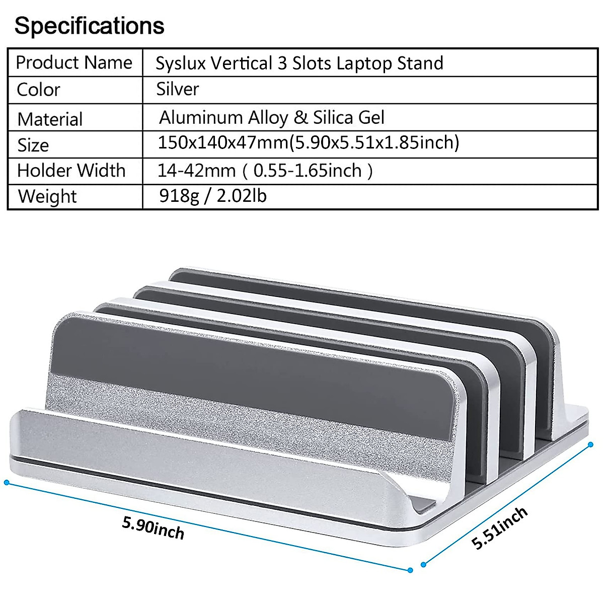 Syslux Vertical Laptop Stand [Upgrade Version], 3 Slots Space-Saving Aluminum Desktop Stand Holder with Adjustable Dock Size,Compatible with All MacBook/Surface/Lenovo/Dell/Gaming Laptops (Silver)