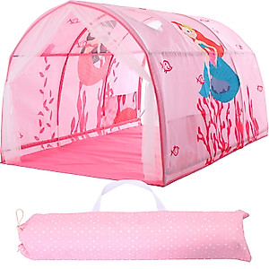 Berlune Play Tent for Girls Boy, Mermaid Dream Bed Tents with Star String Light, Banners, Double Net Curtain, Breathable Pocket, Carry Bag Portable Kids Playhouse Pink Sleeping Tent, 55''x 39'' x 31''