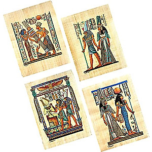 NileCart Collection of 4 sheets Egyptian papyrus paintings Original Hand Painted Papyrus Paper Ancient Egyptian size 13x17 in. handmade in Egypt. (Egyptian gods & goddesses Collection)