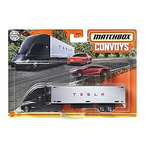 Matchbox Convoys Collectible Cars Die-cast Series - Inspired by Tesla Semi & Box Trailer and 2020 Roadster Gray, Red
