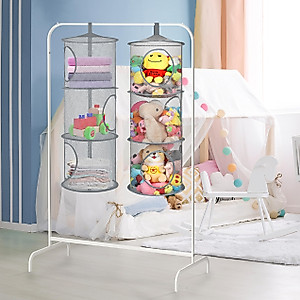 coastal rose 2Pcs Stuffed Animal Storage Foldable Stuffed Animal Net or Hammock Organizer, 3 Compartments Hanging Mesh Toy Storage Hammock for Kid Room Toys, Gloves, Hats, Socks（Grey）