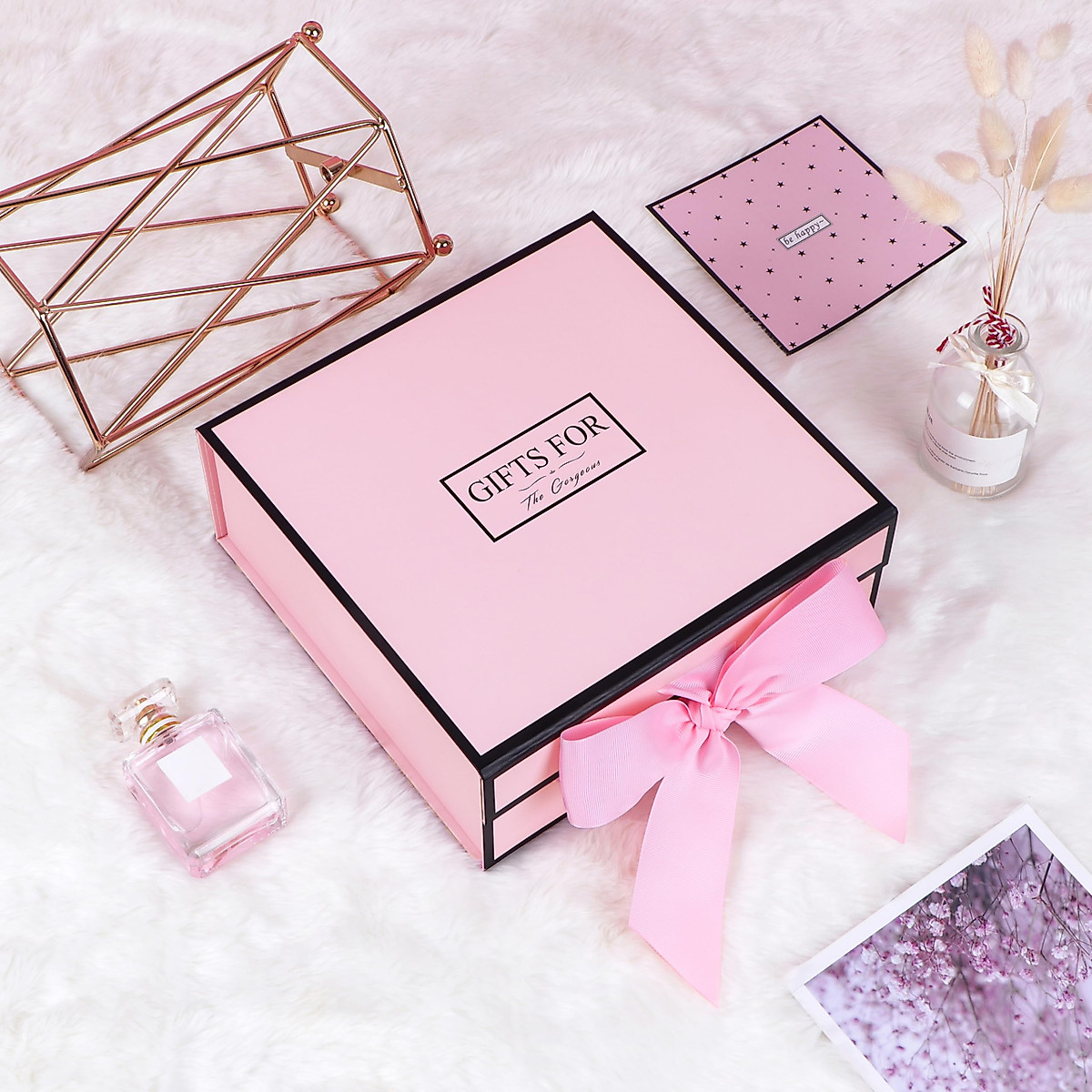 JiaWei Gift Box 9.4x9.4x3.7 Inches, Luxury Gift Boxes with Lid and Ribbon, Magnetic Hard Cardboard Gift Box, Collapsible Bridesmaid Proposal Box, Decorative Box for Presents, Wedding, Birthday(Pink)