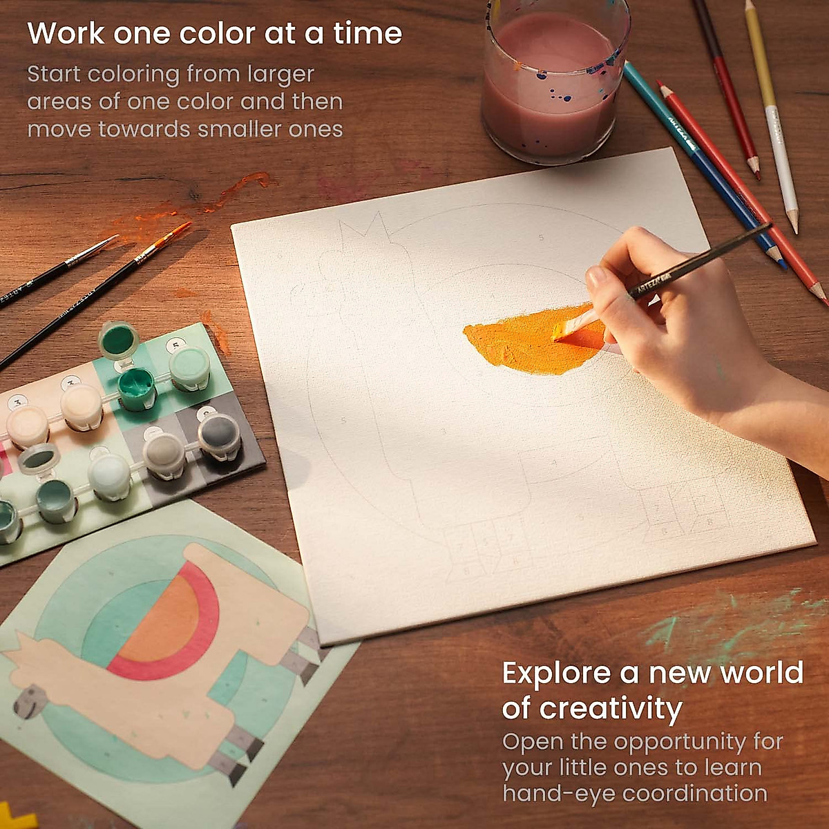 Arteza Kids Paint by Numbers Kit, 10 x 10 Inches, Pre-Printed Animal Canvas Painting Kit with 2 Canvases, 24 Acrylic Paint Pots, 3 Paintbrushes, Art Supplies for Developing Hand-Eye Coordination