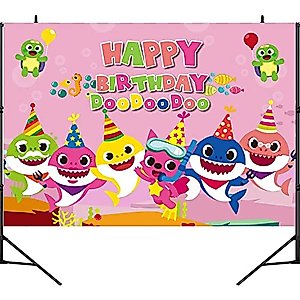 FUNTON Baby Shark Backdrop (Pink), Baby Shark Party Supplies, Baby Shark Birthday Decorations (5x3 FT)…