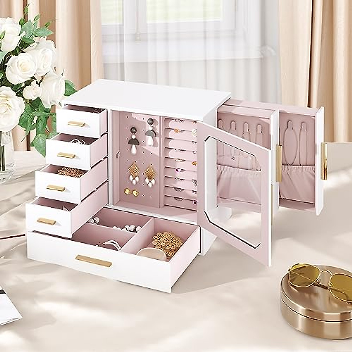 HOOBRO Jewelry Box with Glass Window, Large Capacity Jewelry Organizer, Jewelry Storage, Portable Jewelry Organizer Box, Modern Style, White and Light Gold WT05JB04