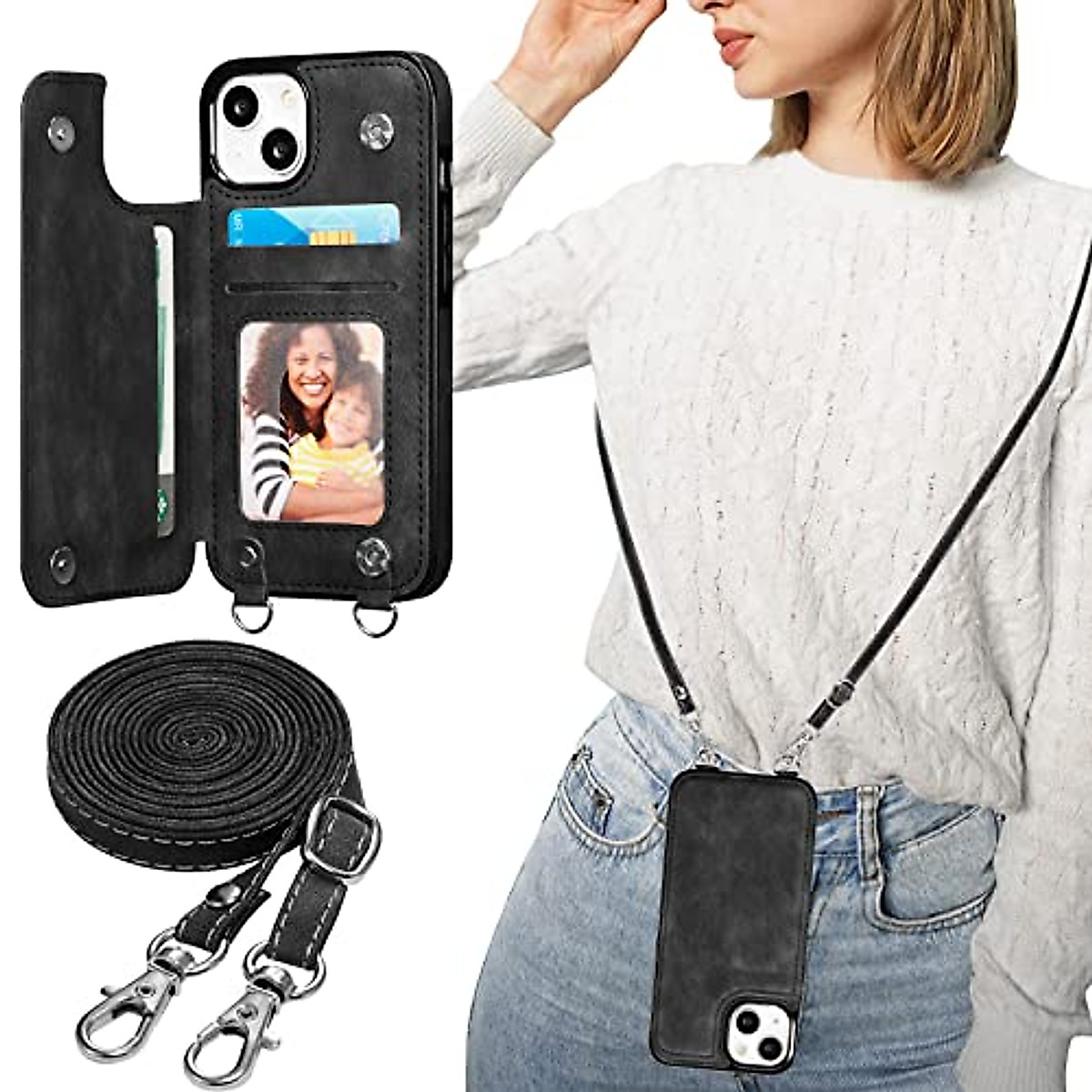 ZTOFERA Wallet Case for iPhone 13,iPhone 13 Case with Crossbody Adjustable Strap Lanyard,Leather Card Holder Shockproof Protective Cover with Stand for iPhone 13,6.1 inch-Black