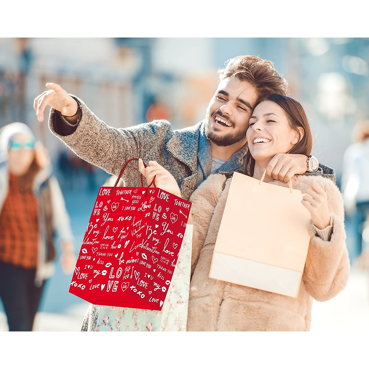 FaCraft Valentines Gift Bags with Handle,Large Happy Valentines Day Gift Bags with Tissue Paper for Her Him Girlfriend Boyfriend,Red Valentine Paper Gift Bag for Valentine's Day Anniversary Wedding