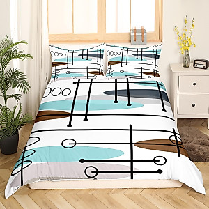 Erosebridal Mid Century Bedding Sets Queen Modern Minimalist Comforter Cover, Hippie Old Fashion Bed Set Abstract Artwork Duvet Cover, Aesthetic Lines Circles Quilt Cover Teal White Grey