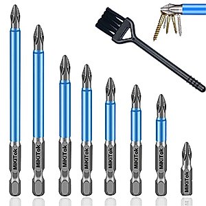 Phillips Magnetic Screwdriver Bit Set, MIKITOK(9PCS) S2 Alloy Steel Anti-Slip Long Drill Bits, 1/4 Hex Shank, Fine Tooth Design, Strong MagnetismWith Cleaning Brush for Electric Drill Bits…