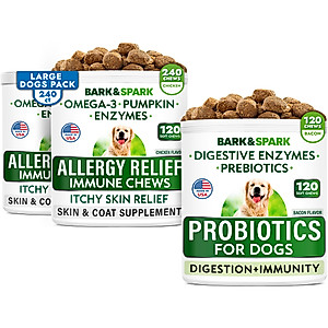 Allergy Relief + Probiotics & Digestive Enzymes for Dog - Allergies & Itchy Skin + Gut Health - Pet Diarrhea Gas Treatment, Upset Stomach Relief Pills, Digestion Health Prebiotic Supplement
