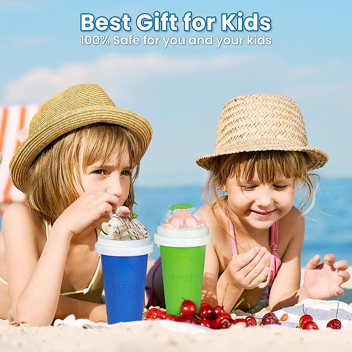 Slushie Maker Cup 2 Pack, Quick Frozen Magic Slushy Cup, Double Layer Silicone Slushie Maker, DIY Cooling Cup Smoothie Squeeze Cup with Lid Straw for Kids, Family