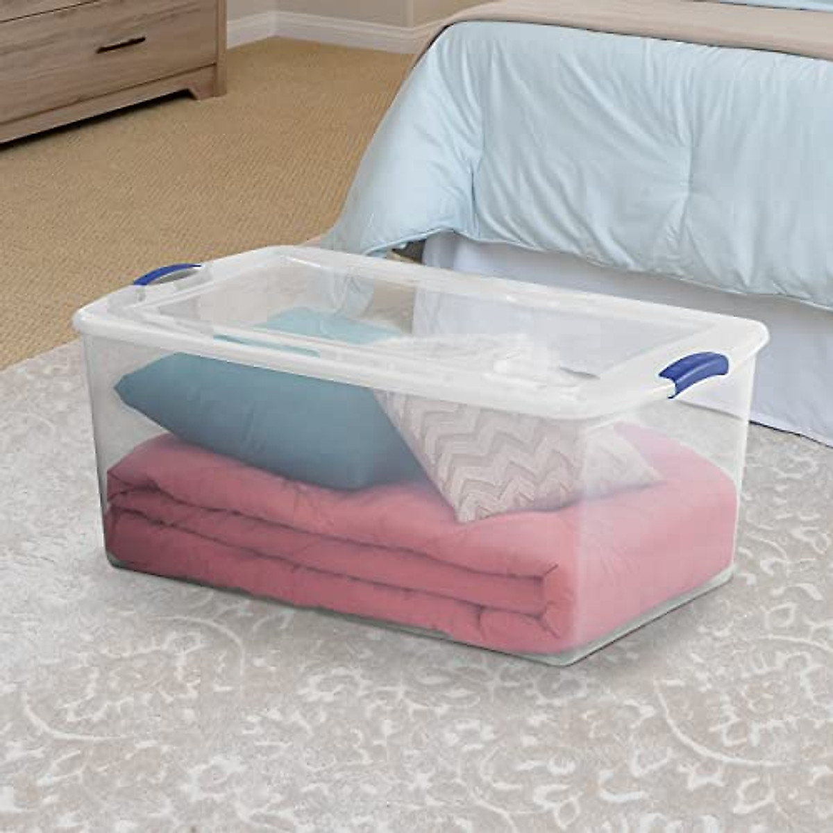 REBESCO 4 Pack Latch Box Plastic 105 Qt, Clear Plastic Storage Bins with Lid, White & Blue