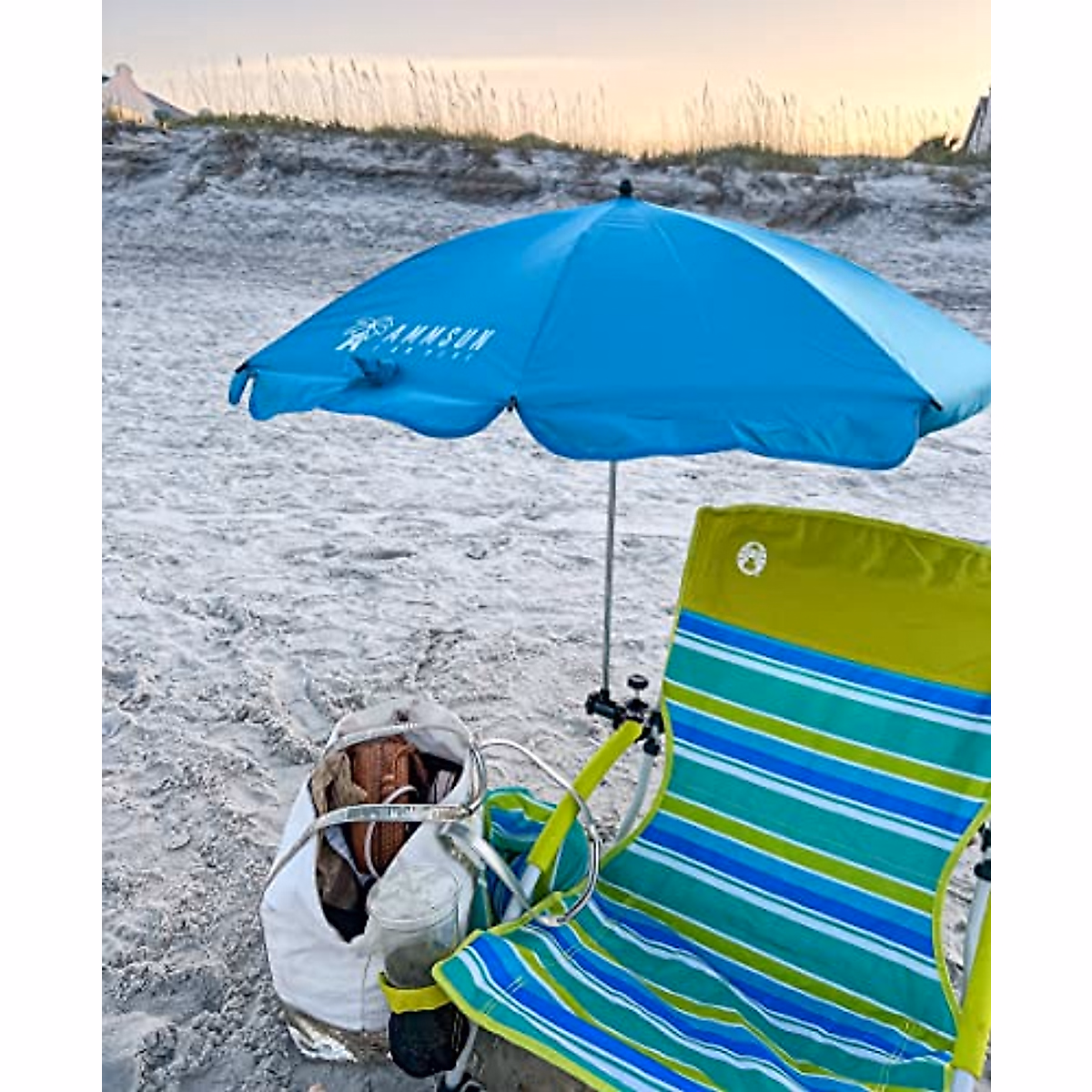 AMMSUN Chair Umbrella with Universal Clamp 43 inches UPF 50+,Portable Clamp on Patio / Beach Chair,Stroller,Sport chair,Wheelchair and Wagon,Bright Blue