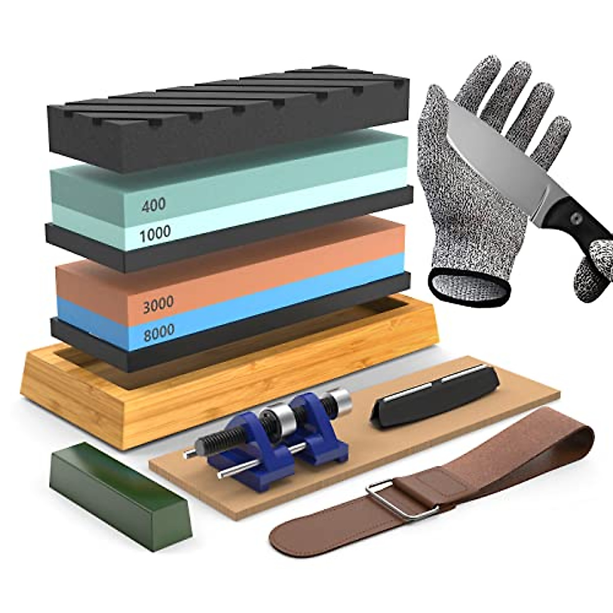 Knife Sharpening Stone Set, Premium 4 Side Grit 400/1000 3000/8000 Whetstone Sharpener Kit with Cut Resistant Gloves,Bamboo Base,Flattening Stone,Angle Guide,Honing Guide,Leather Strop,Razor Strop
