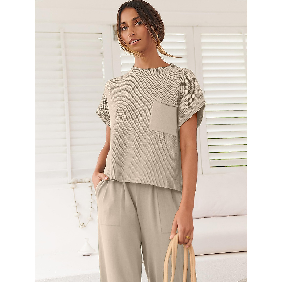 ANRABESS Women's Two Piece Outfits Knit Sweater Vest Crop Top Pants Lounge Matching Tracksuit Sweatsuit Travel Clothes Sets Khaki Small