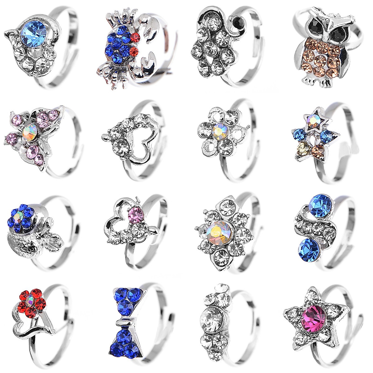 Shuning Children Kids 20pcs Cute Crystal Adjustable Rings Jewelry with Gift Bag