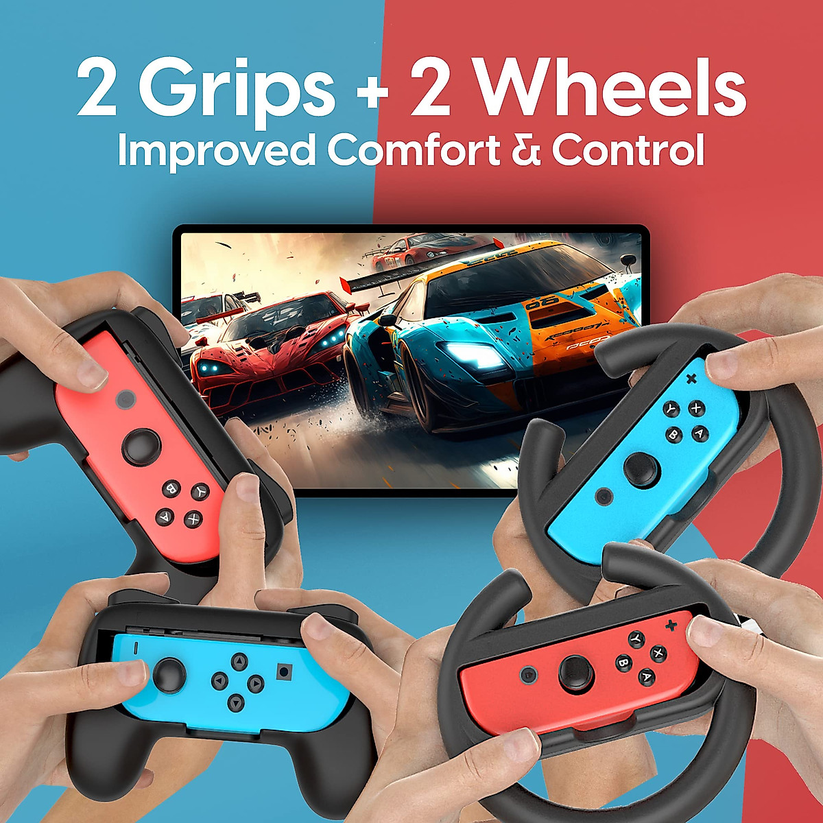 TalkWorks Super Combo Pack Accessories for Nintendo Switch - 2 Grips, 2 Wheel Controller Grips, 2 Game Card Holders, 1 Charging Dock, Thumb Grips, USB-C Cable, Switch Stand, Screen Protector