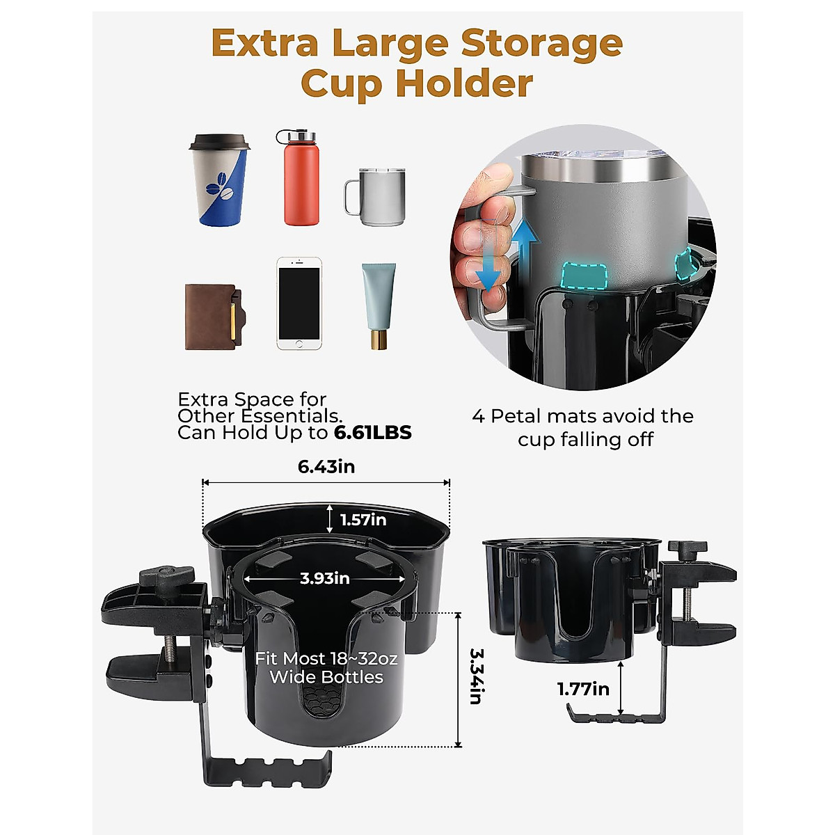 yamagahome Desk Cup Holder, 2 in 1 Large Table Cup Holder with Headphone Hanger, Anti-Spill Cup Holder for Water Bottles 18-40 oz, for Wheelchairs, Workstations, Gaming Desk Accessories black