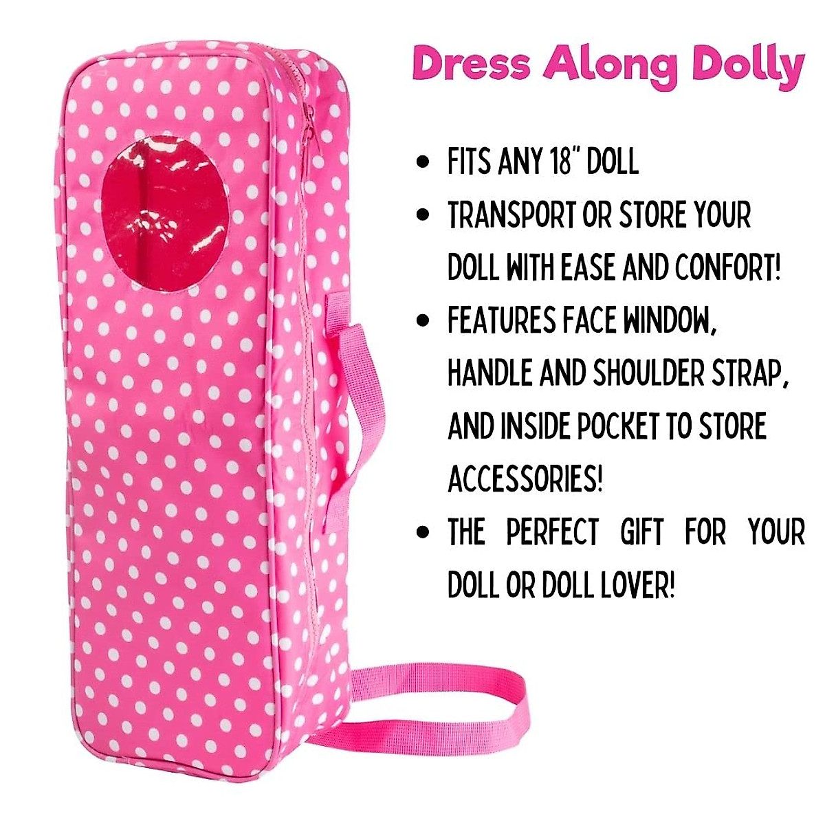 Doll Storage Carrying Case - (Pink Polka Dot) for Any 18" Doll - Organizer Storage Traveling Accessories Case w Clear Window, Zipper, and Carrying Strap, Great Birthday for Kids Girls