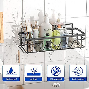 PEMOO 2 Pack Adhesive Shower Caddy, Shower Shelves, Shower Organizer No Drilling with Hooks, Rustproof Stainless Steel Bathroom Shower Organizer, Large Capacity, Shower Shelf for Inside Shower, Black