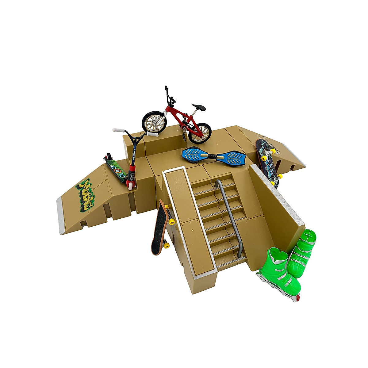 STASHABLES Finger Skateboard Ramp Set – Finger Skatepark Kit 16 Pieces – Skate Park Kit Including Skateboards, Ramps, Scooters, Skates, Bikes and Caster Boards – Fingerboard Skate Set