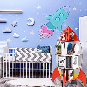 Lineshading Space Rocket Bookshelf Kids 4 Tier Wooden Toy Storage Organizer Display Cabinet Bookshelf Baby Toddler Book Shelves Book Rack for Girl Boy Playroom Classroom Nursery Living Room