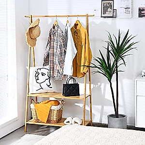 Tangkula Bamboo Garment Rack, Freestanding Clothes Rack with 2-Tier Storage Shelves, Easy Assemble, Space-Saving Clothing Rack for Entryway, Bedroom (Natural)
