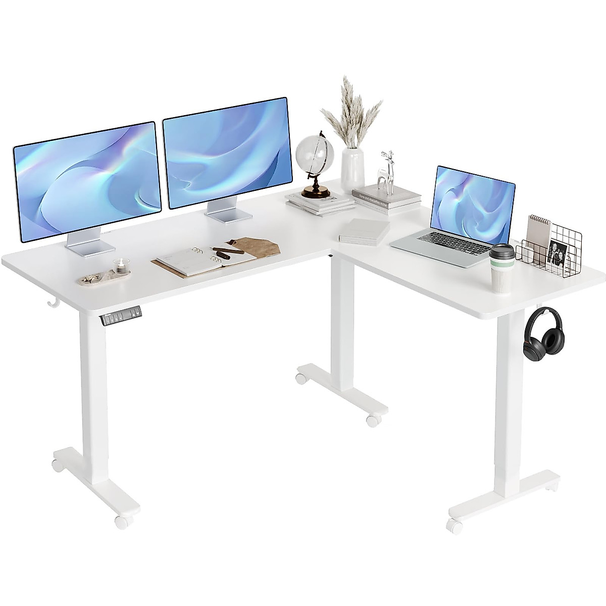 Claiks L Shaped Standing Desk Adjustable Height, Dual Motor Electric Corner Standing Desk, 63x55 inch Sit Stand up Desk with Splice Board, White