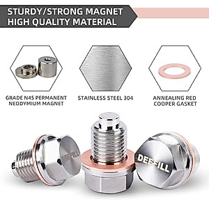 DEEFILL M14 x 1.5 Magnetic Oil Drain Plug, Stainless Steel Oil Drain Plug with Copper Crush Washer Replacement for Ford, GM, Hyundai, KIA and Accord, CRV, Civic, Pilot, Fit, Odyssey