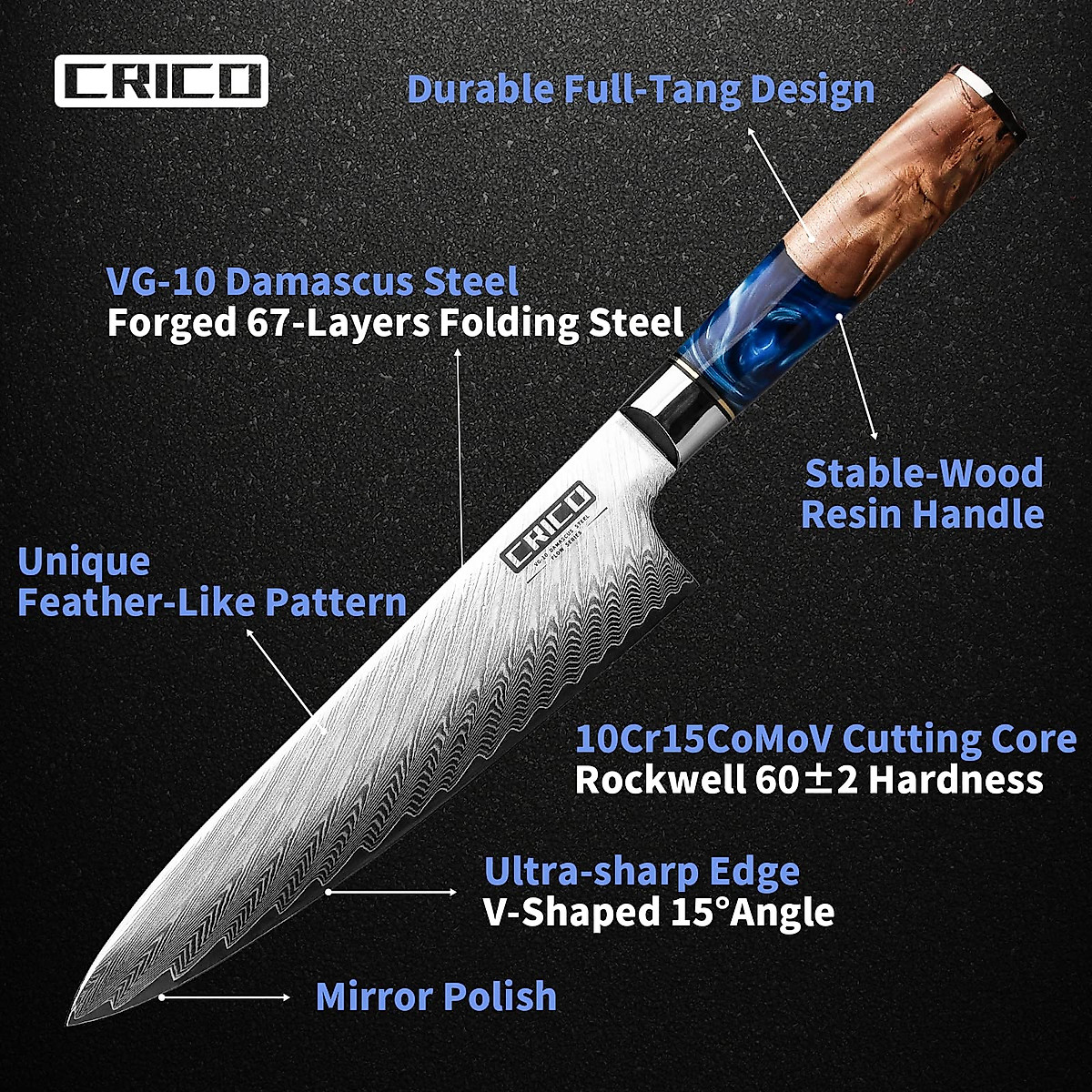 CRICO Damascus Chef Knife 8 inch, Professional Kitchen Knives with Sheath, Forged Japanese VG10 67-Layers Super Steel, Stable-Wood&Resin Handle, Razor Sharp, Gift Box - Flow Series