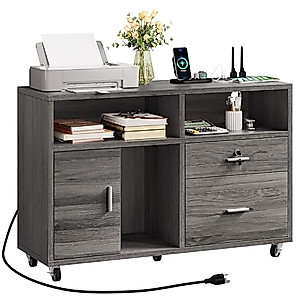 YITAHOME Wood Lateral File Cabinet, 2 Drawer Mobile Storage Cabinet, Fits A4, Letter and Legal, Printer Stand with Open Storage Shelves, Modern Filing Cabinet for Home Office, Grey