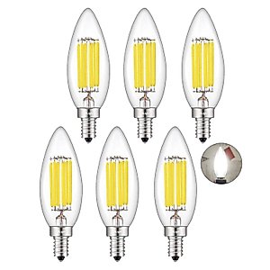 CRLight 6W LED Candelabra Bulb 4000K Daylight White, 70W Equivalent 700LM Dimmable, E12 Vintage Edison Clear Glass B10 Candle Torpedo Shape Bullet Top LED Chandelier Light Bulbs, Pack of 6