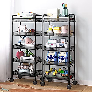 HomeHom 5 Tier Utility Rolling Cart, Multipurpose Utility Cart with 12 Hooks, Storage Cart Craft Cart Organizer for Bathroom Laundry Kitchen, Book Art Snack Lash Makeup Diaper cart, Black