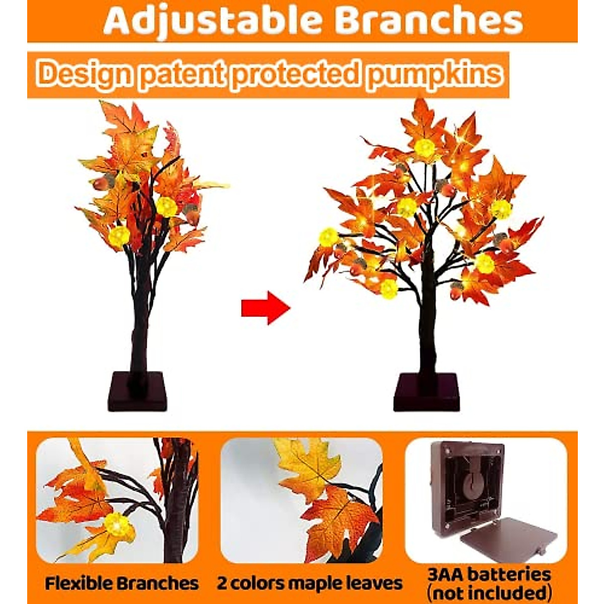 [ Timer ] 2 Pack 22 Inch Prelit Lighted Maple Tree Fall Halloween Decor Fall Tree 48 LEDs Battery Operated 12 Exclusive Patent Pumpkins 12 Acorns Orange Red Maple Tree Thanksgiving Decor Indoor Home