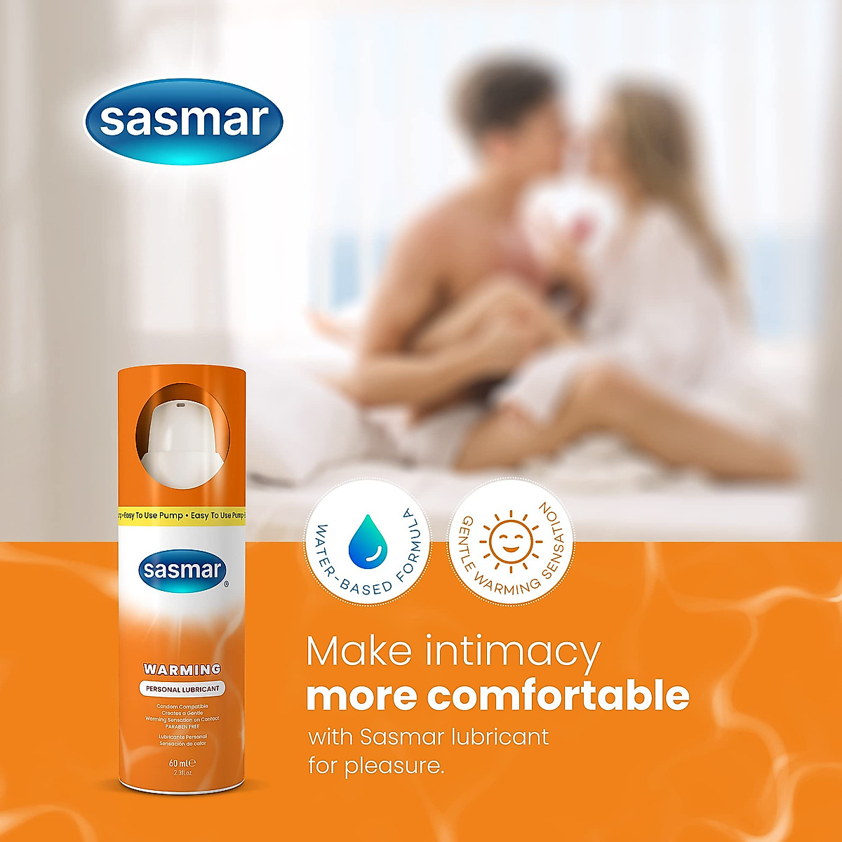 SASMAR Warming Lubricant Men, Women, Couples, Him, Her – Water Based Personal Lube - Long lasting Formula, Paraben Free, No Residue – Compatible With All Condoms & Toys - 2.3 oz