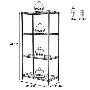 HOMEFORT 4-Shelving Unit, Adjustable Wire Shelving, Metal Wire Shelf with Shelf Liners and Hooks for Kitchen, Closet, Bathroom, Laundry, Black,21" W x 11" D x 43" H