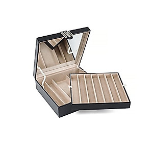 Glenor Co 12 Section Necklace Organizer - Large Mirror - 2 Trays - PU Leather - Black - Classic Jewelry Box - Modern Buckle Closure - Fits Necklace & Bracelet - Jewelry Holder for Women Teens & Girls